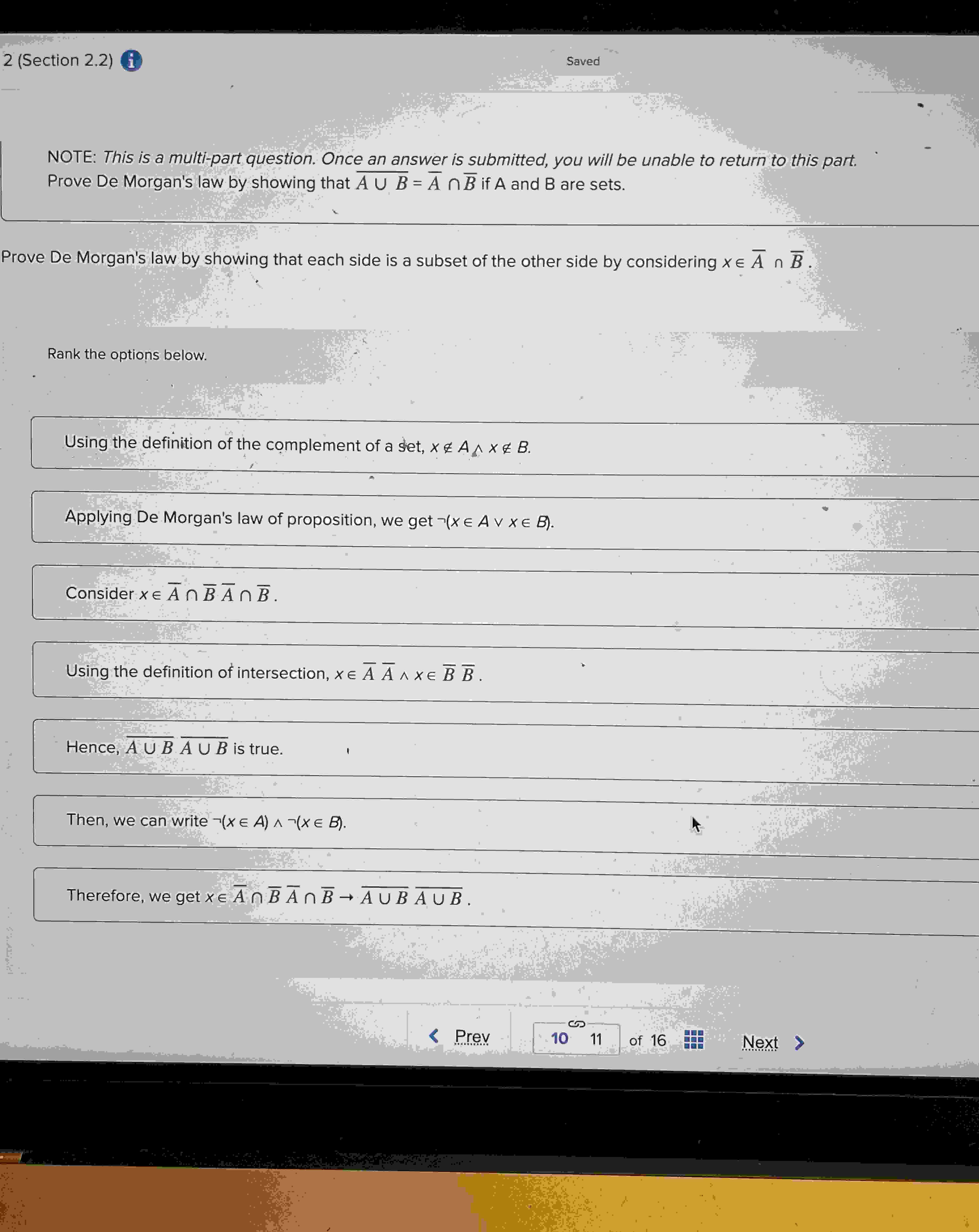 Solved Prove De Morgan's law by showing that each side is a | Chegg.com