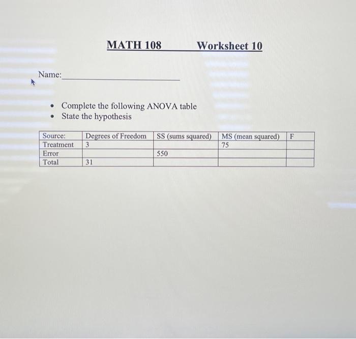 Solved - Complete the following ANOVA table - State the | Chegg.com