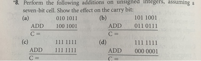 Solved *8. Perform the following additions on unsigned | Chegg.com