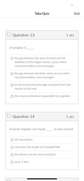 Solved Question 13 1pts A synapse is the gap between the | Chegg.com