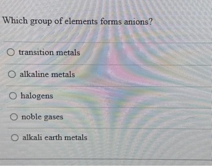 Solved Which group of elements forms anions? transition | Chegg.com