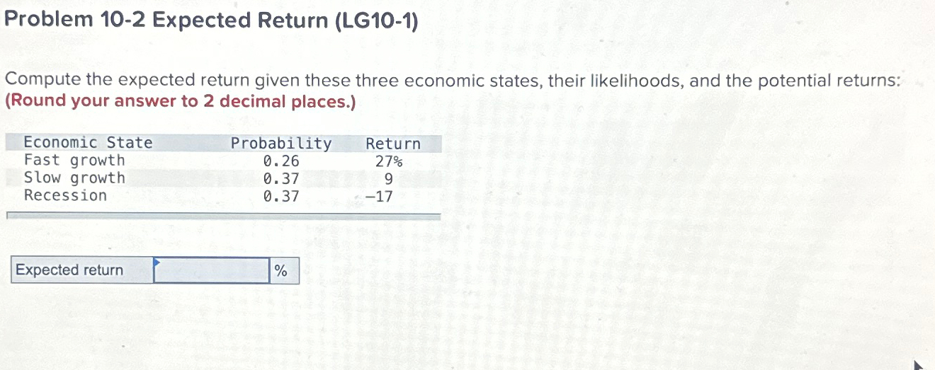 Solved Problem 10-2 ﻿Expected Return (LG10-1)Compute the | Chegg.com