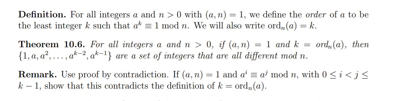 Solved Definition. For all integers a and n>0 with (a,n)=1, | Chegg.com