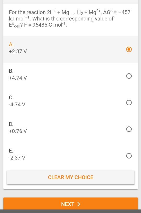 Solved For the reaction 2H+ + Mg - H2 + Mg2+, AG° = -457 kJ | Chegg.com