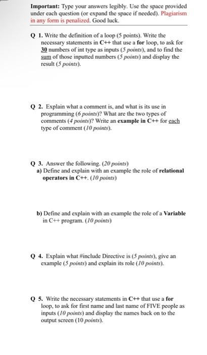 Solved Important: Type your answers legibly. Use the space | Chegg.com