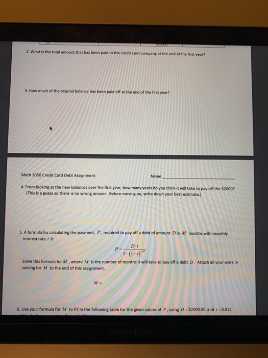 Solved Math 1050 Credit Card Debt Assignment Name You have | Chegg.com