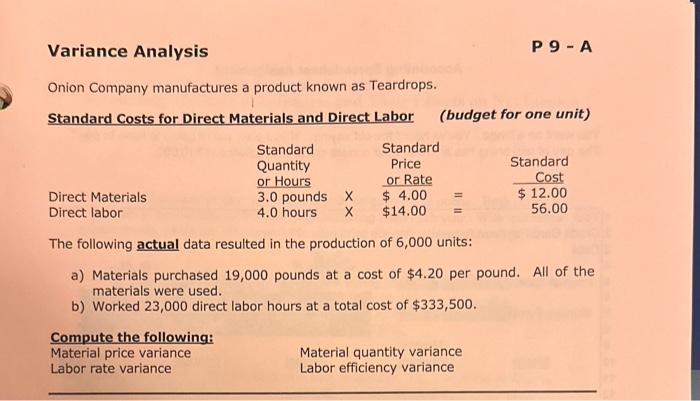 Solved Variance Analysis P 9-A Onion Company manufactures a | Chegg.com