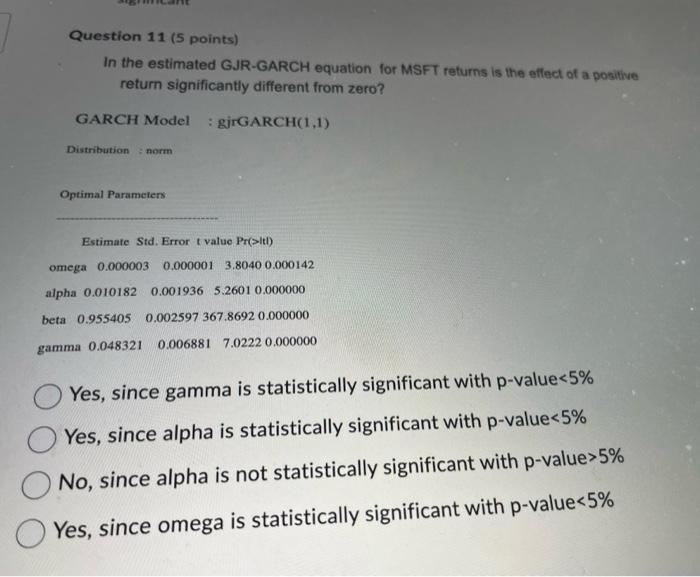 Solved Question 11 ( 5 points) In the estimated GJR-GARCH | Chegg.com