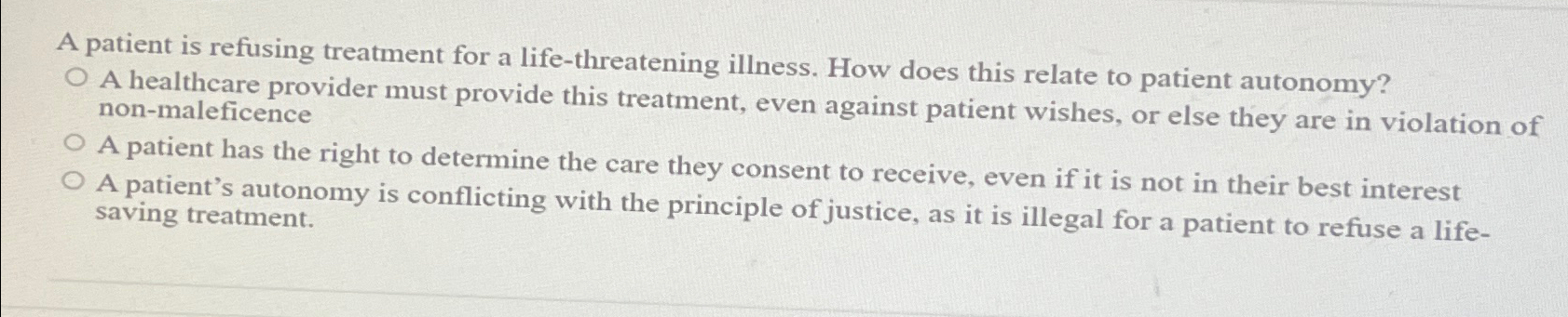 Solved A patient is refusing treatment for a | Chegg.com