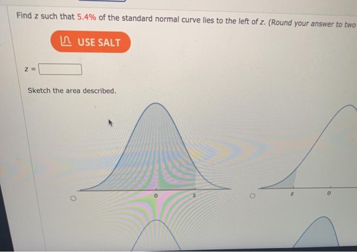 Solved Find z such that 5.4% of the standard normal curve | Chegg.com