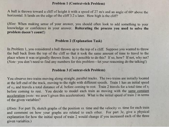 Solved Problem 1 (Context-rich Problem) A ball is thrown | Chegg.com