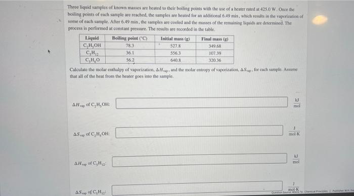 Solved Three liquid samples of known masses are heated to | Chegg.com