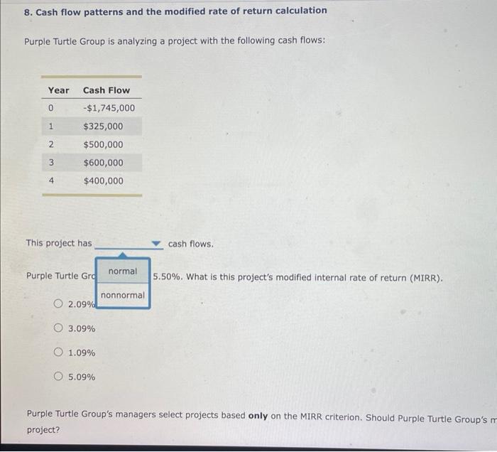 Solved 8. Cash flow patterns and the modified rate of return | Chegg.com