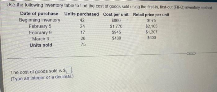 Solved Use the following inventory table to find the cost of | Chegg.com