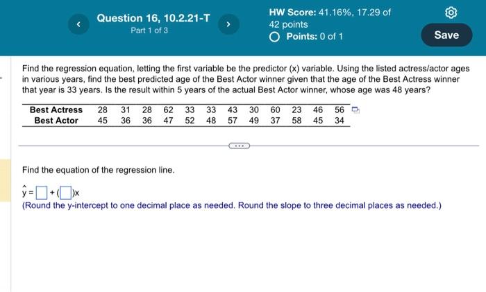 Solved Find The Regression Equation Letting The First