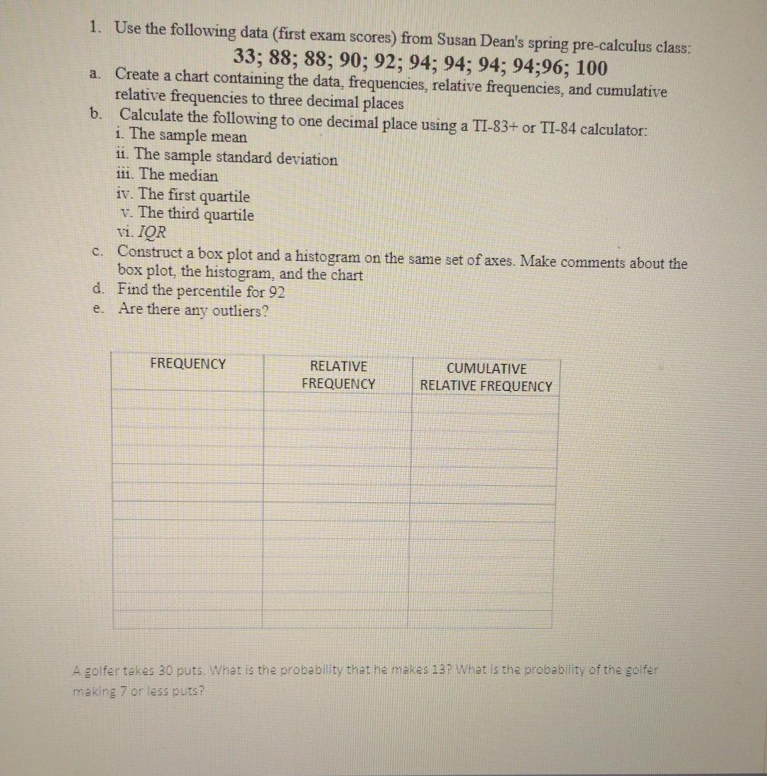 Solved b. 1. Use the following data (first exam scores) from | Chegg.com