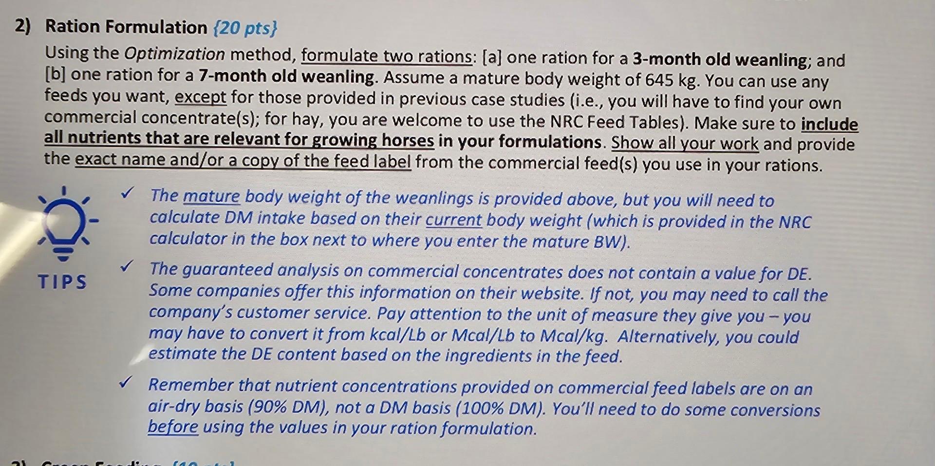 2) Ration Formulation {20pts} Using the Optimization | Chegg.com