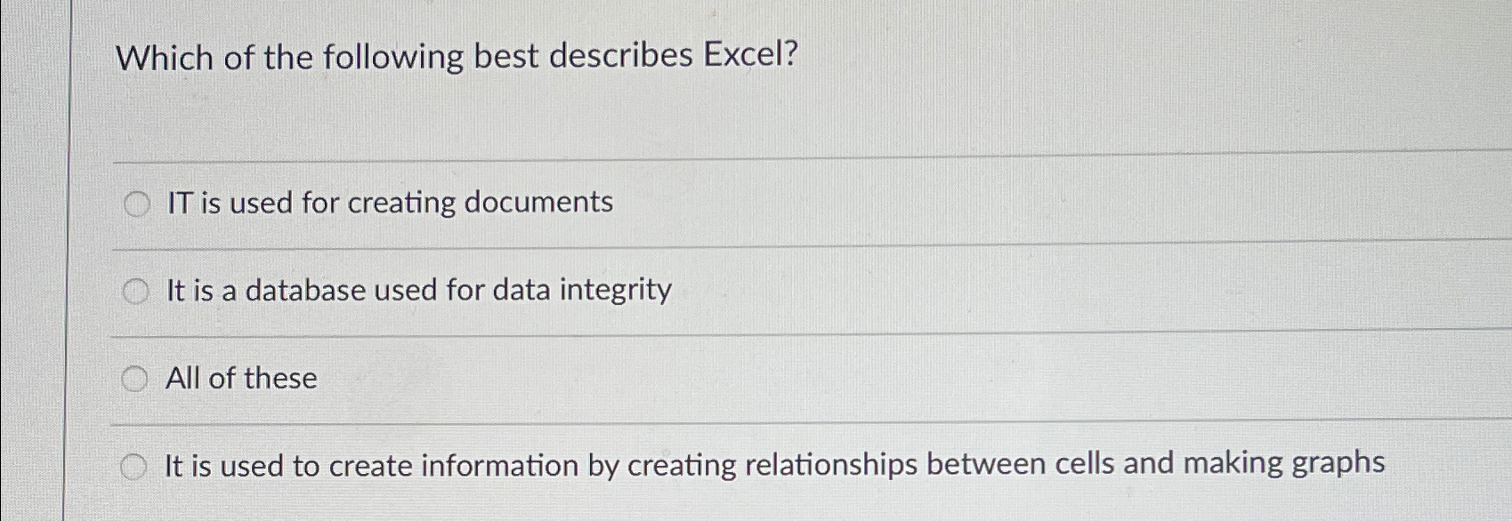 Solved Which of the following best describes Excel?IT is | Chegg.com