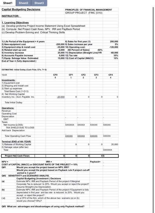 Solved Sheet1 Sheet2 Sheet3 Capital Budgeting Decisions | Chegg.com