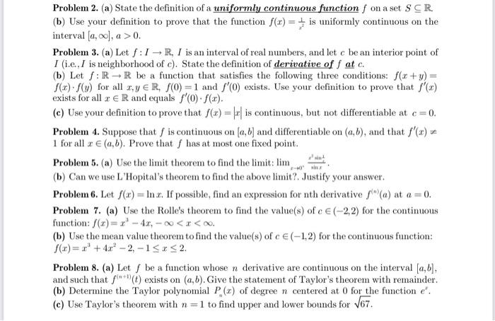 Solved Problem 2. (a) State the definition of a uniformly | Chegg.com