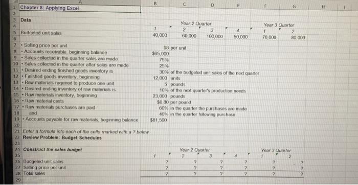 Solved 3 C D E F 6 1 Chapter 8: Applying Excel 2 3 Data Yoar | Chegg.com