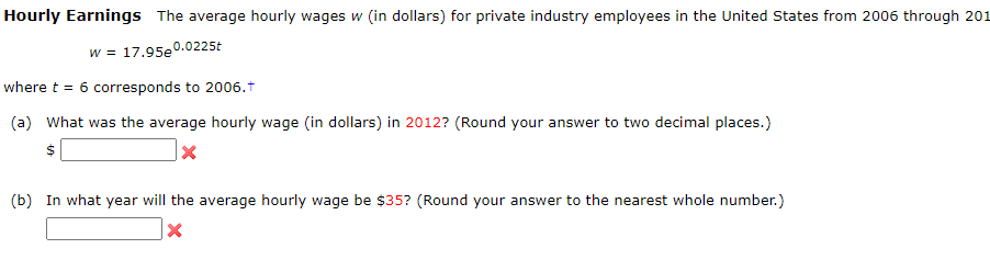 Solved Hourly Earnings The average hourly wages w (in | Chegg.com