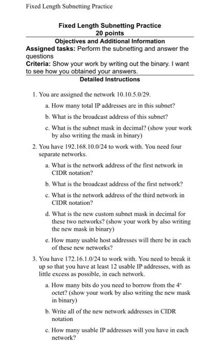 Solved Fixed Length Subnetting Practice Fixed Length | Chegg.com