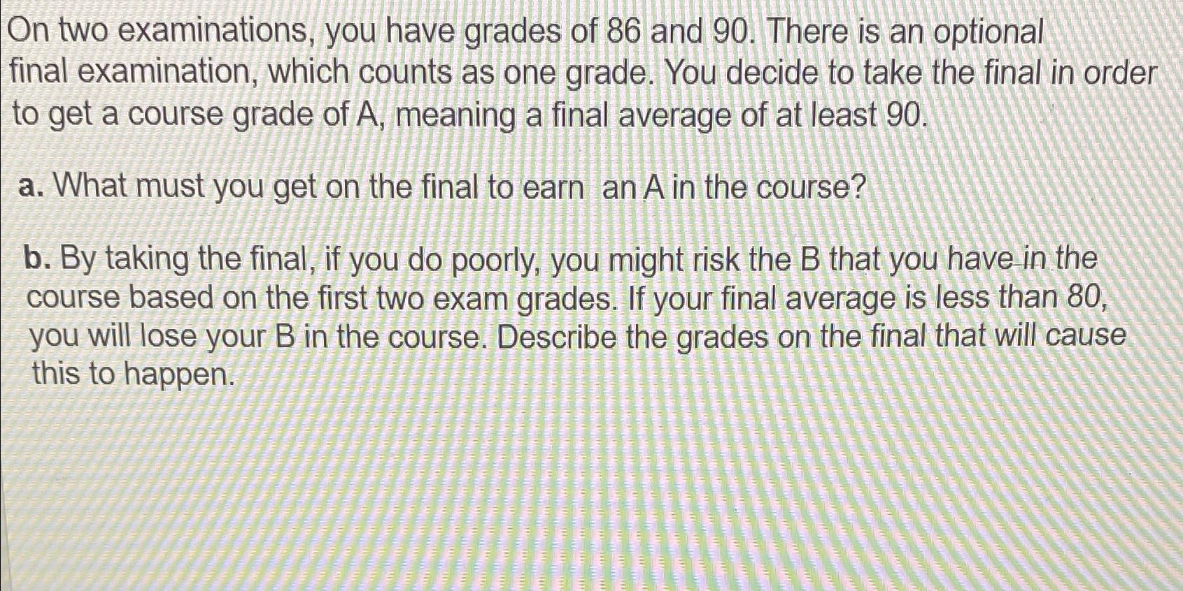 Solved On two examinations, you have grades of 86 ﻿and 90 . | Chegg.com