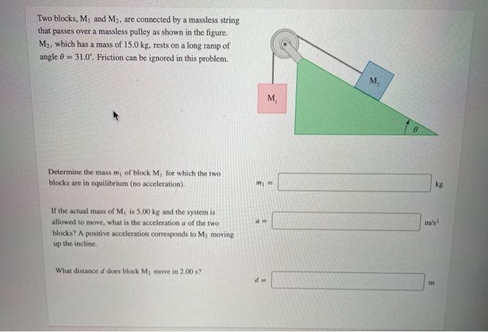 Solved Two blocks, M, and Mz. are connected by a massless | Chegg.com