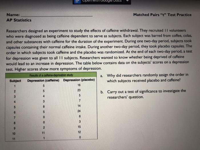 Solved Matched Pairs "t" Test Practice Name: AP Statistics | Chegg.com