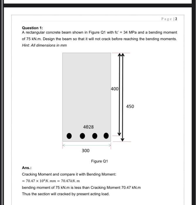 Solved Page 2 Question 1: A rectangular concrete beam shown | Chegg.com