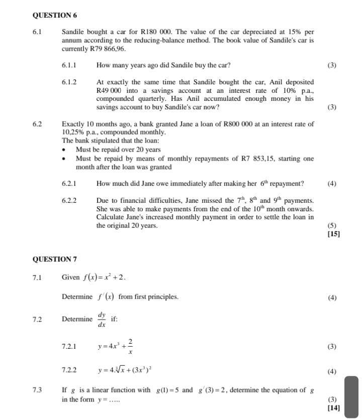 Solved QUESTION 6 6.1 Sandile bought a car for R180 000. The | Chegg.com