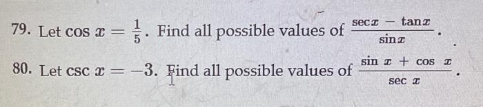 Solved 79. Let cosx=51. Find all possible values of | Chegg.com