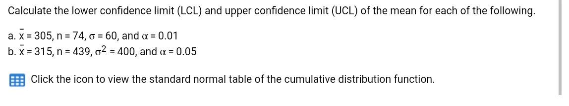 Solved Calculate the lower confidence limit (LCL) and upper | Chegg.com