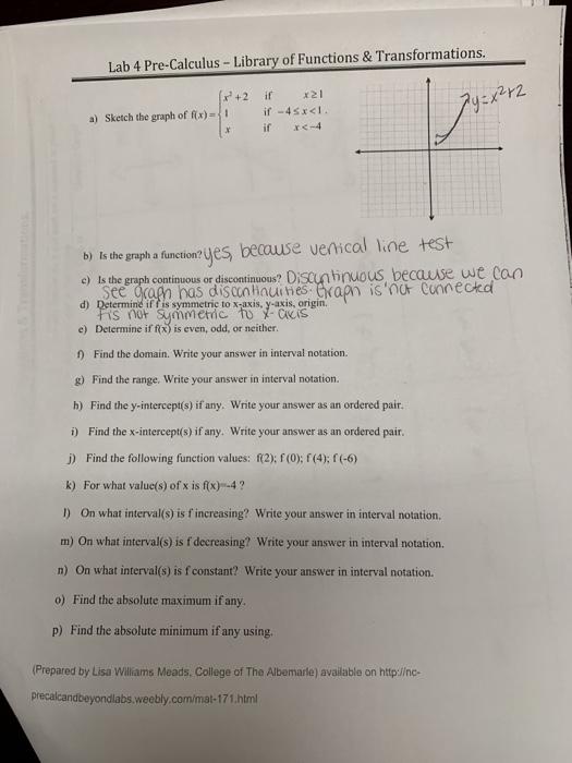 Solved Lab 4 Pre-Calculus - Library of Functions & | Chegg.com