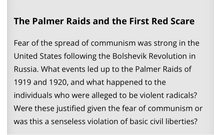 The Palmer Raids and the First Red Scare Fear of the | Chegg.com