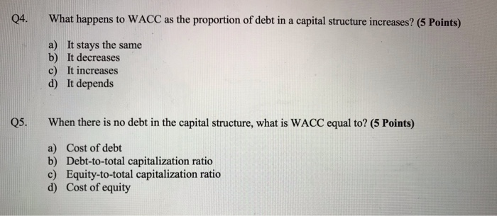 Solved What happens to WACC as the proportion of debt in a | Chegg.com Solved What happens to WACC as the proportion of debt in a | Chegg.com