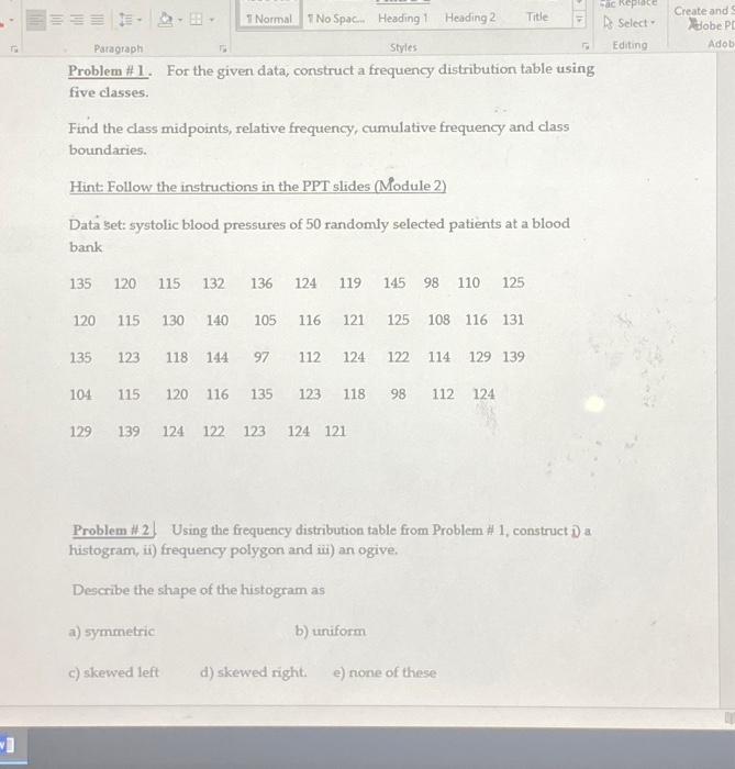 Solved Problem \#1. For the given data, construct a | Chegg.com
