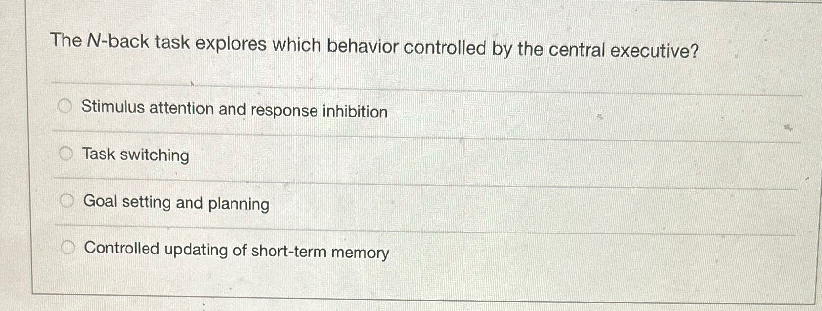Solved The N-back task explores which behavior controlled by | Chegg.com