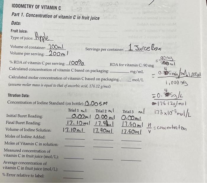 Solved Titration Data: Concentration of Iodine Standard (on | Chegg.com