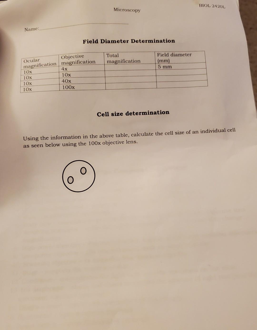 Solved BIOL 2420L Microscopy Name: Field Diameter | Chegg.com