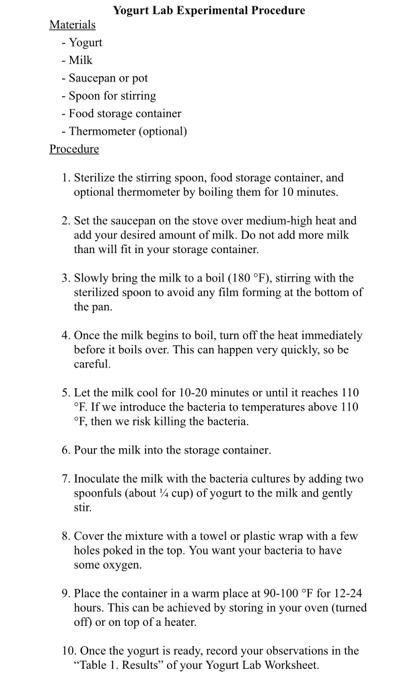 Solved Yogurt Lab Experimental Procedure Materials - Yogurt | Chegg.com