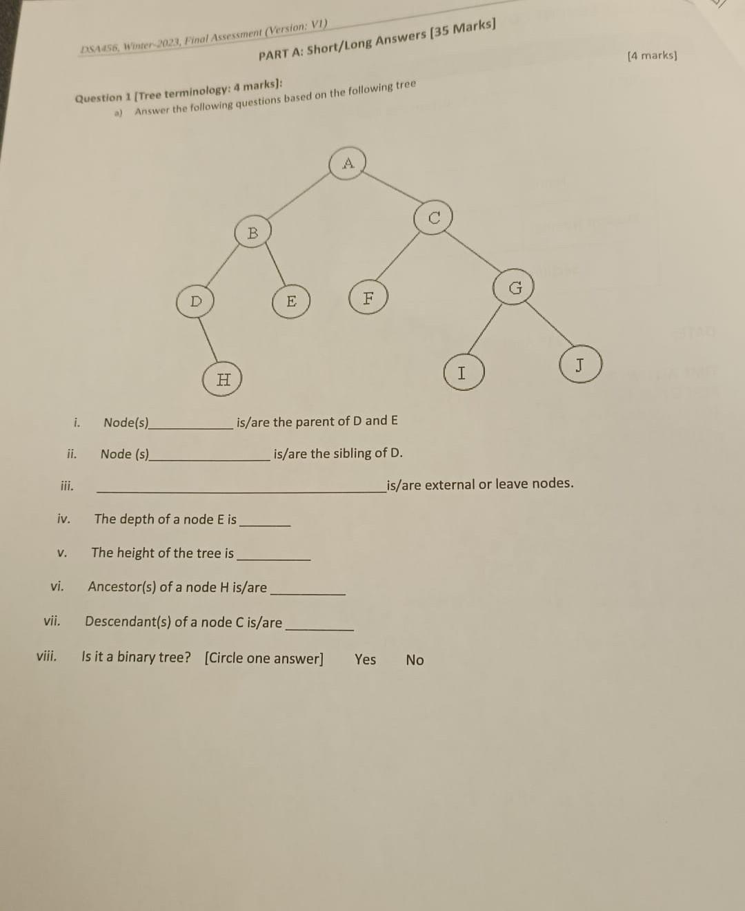 Solved Question 1 [Tree terminology: 4 marks]: a) Answer the | Chegg.com