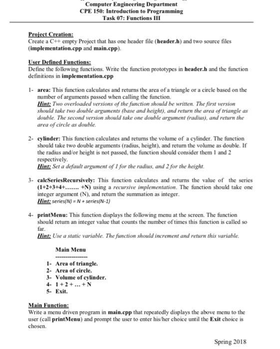 Solved Computer Engineering Department CPE 150: Introduction | Chegg.com
