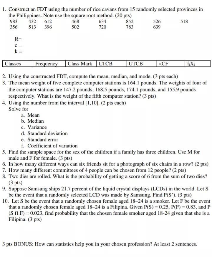 Solved 1. Construct an FDT using the number of rice cavans | Chegg.com