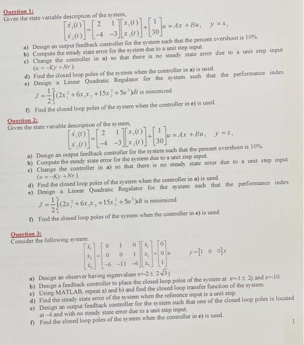 Solved 10][ 1080) + Question 1: Given the state variable | Chegg.com