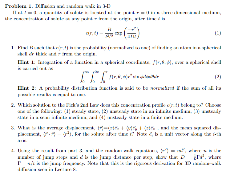 Solved Problem 1. ﻿Diffusion and random walk | Chegg.com