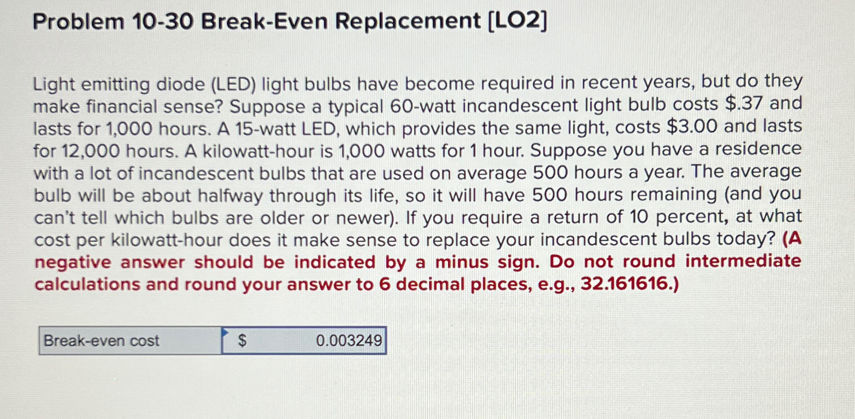Problem 10-30 ﻿Break-Even Replacement [LO2]Light | Chegg.com