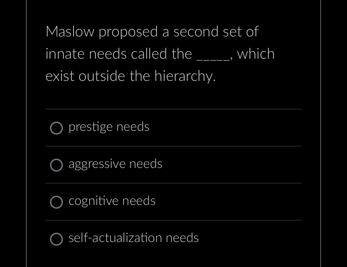 Solved Maslow proposed a second set of innate needs called | Chegg.com