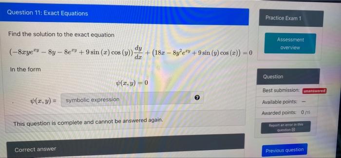 Solved Question 11: Exact Equations Practice Exam 1 Find the | Chegg.com